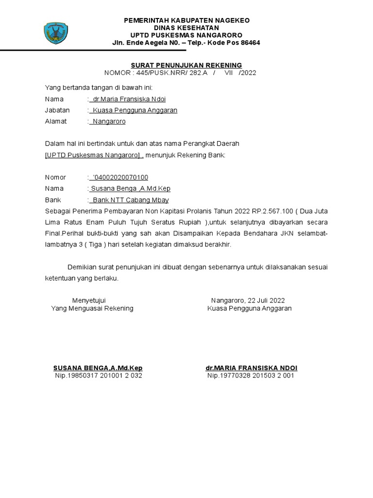 Surat Penunjukan Rekening Uptd PKM Narro | PDF