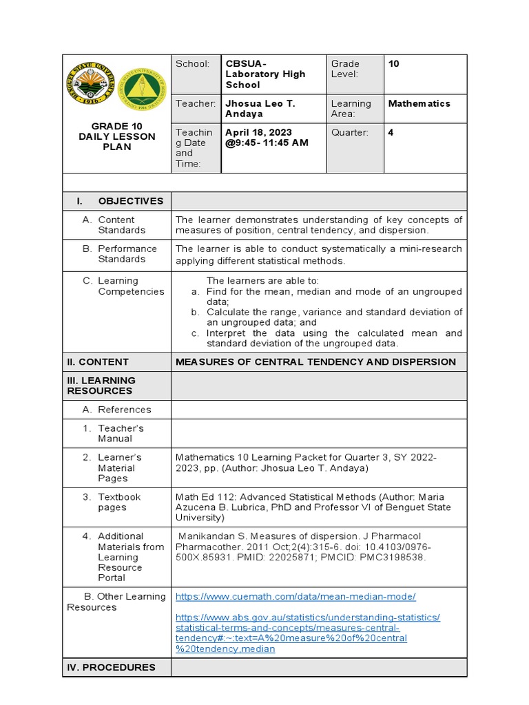 Grade 10 Math Lesson Plan: Statistics | PDF | Teaching Methods & Materials