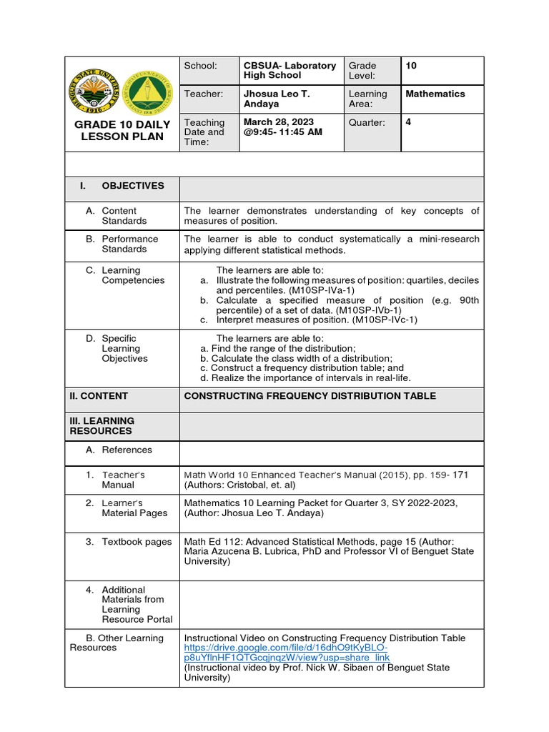 Grade 10 Math Lesson Plan: Frequency Distribution | PDF | Learning ...