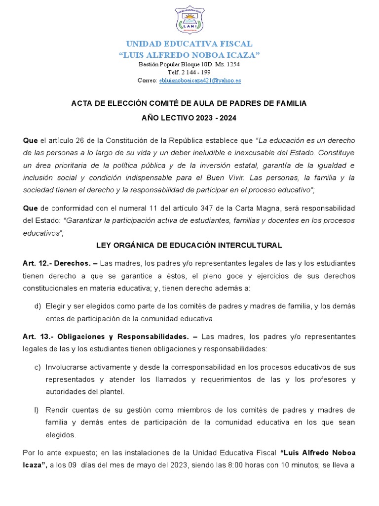 Acta de Elección Comité Aula de Padres de Familia | PDF