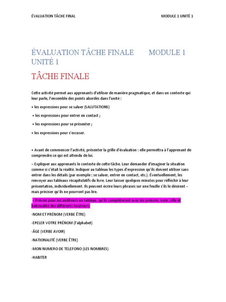 Évaluation de la Tâche Finale Module 1 | PDF