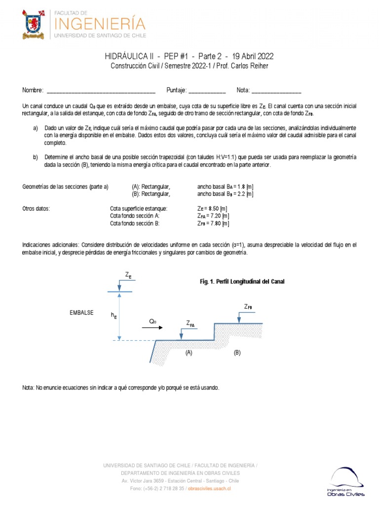 PEP 1 Parte 2 Hid2 - CCiv 2022-1 (Enunciado y Puntajes) | PDF | Descarga (hidrología)