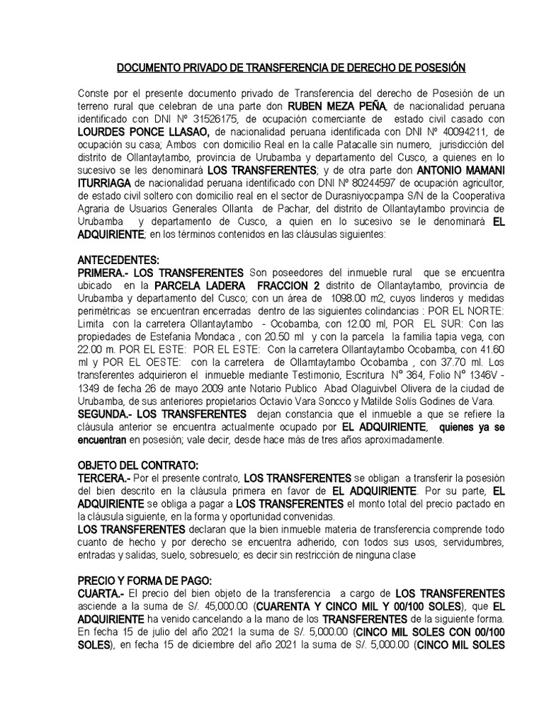 Transferencia de Posesion Genaro Contreras | PDF