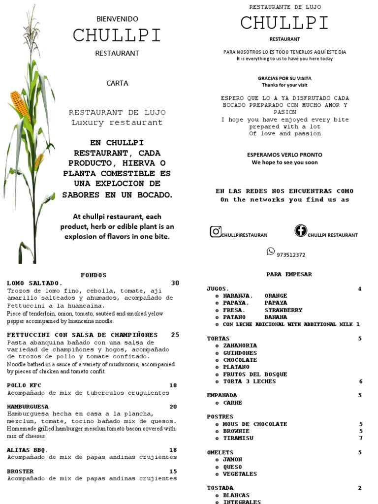 Carta de Sabores en Chullpi Restaurant | PDF | Alimentos | Cocina de ...