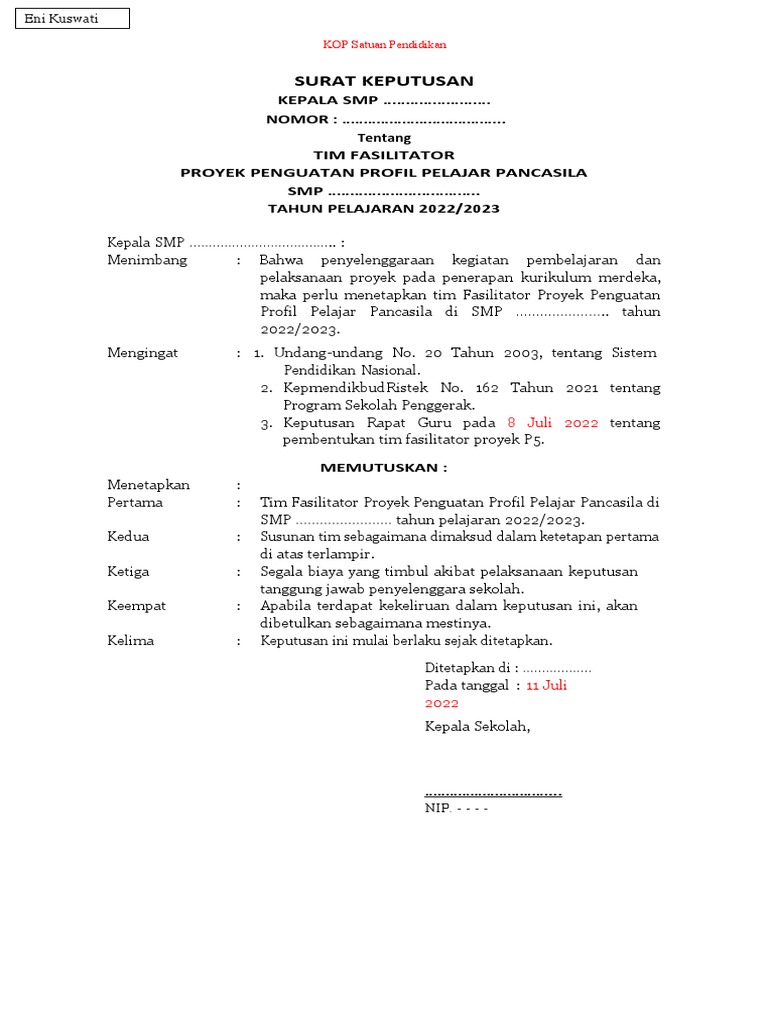 Contoh. SK FASILITATOR PROYEK P5 TP 2022-2023 | PDF