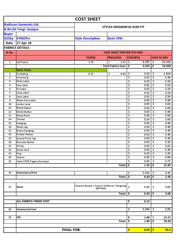 Radisson Garments Cost Sheet DM360W18 | PDF | Consumer Goods | Textiles