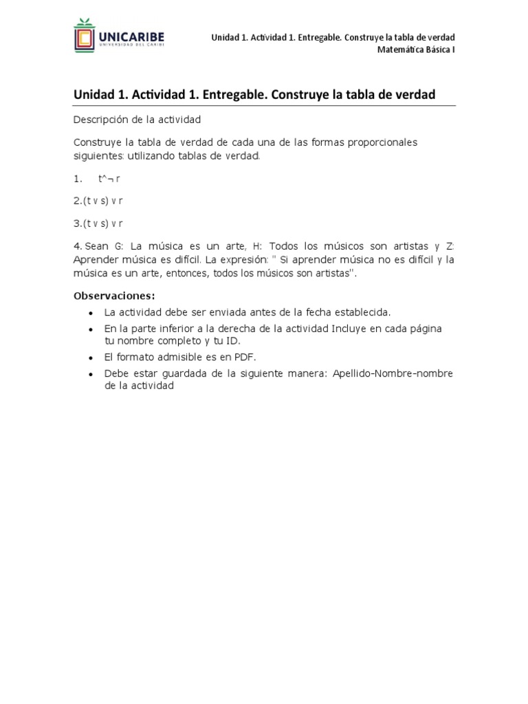 Unidad 1. Actividad 1. Entregable. Construye La Tabla de Verdad | PDF