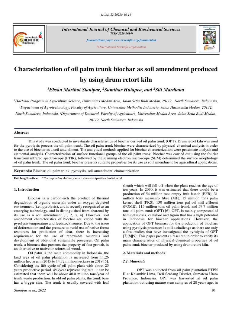Characterization of Oil Palm Trunk Biochar As Soil Amendment Produced ...