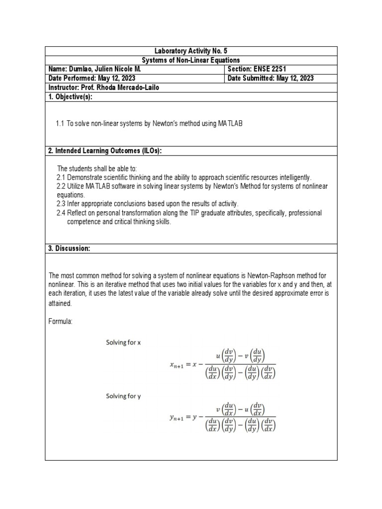 Laboratory Activity 5 Systems of Nonlinear Equations Dumlao | Download ...