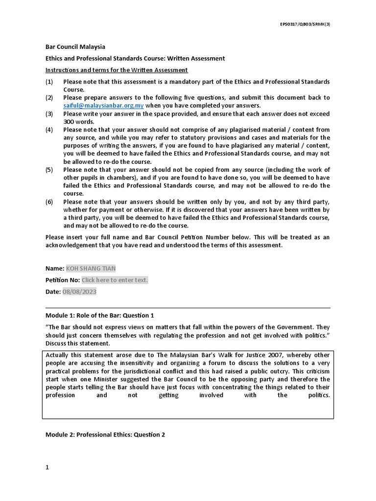 Bar Council Malaysia Ethics and Professional Standards Course: Written ...