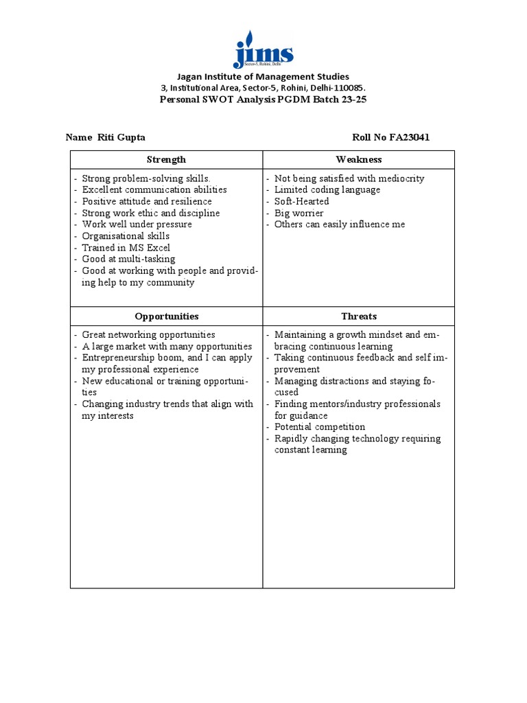 Personal SWOT Analysis Guide for Students | PDF | Career & Growth ...