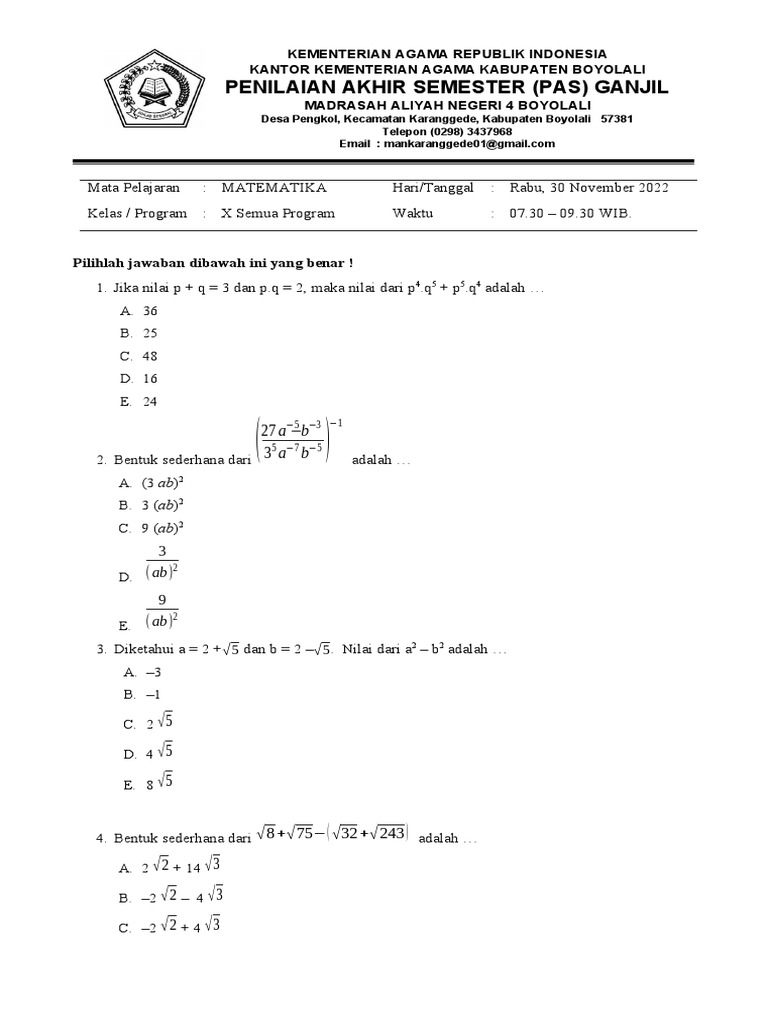 Soal Matematika X Kurmer | PDF