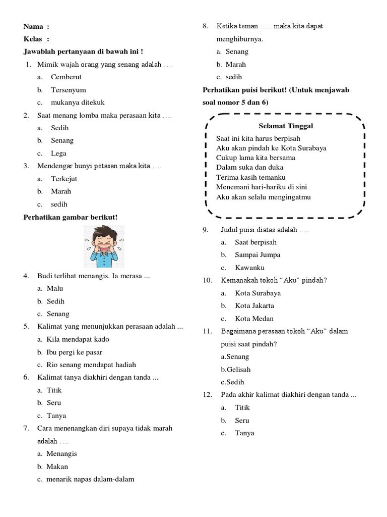 Soal Bahasa Indonesia Kelas 1 Bab 1 Mengenal Perasaan Kurikulum Merdeka | PDF
