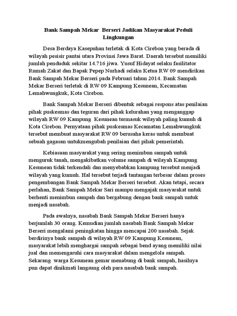 Bank Sampah Mekar Berseri Jadikan Masyarakat Peduli Lingkungan | PDF