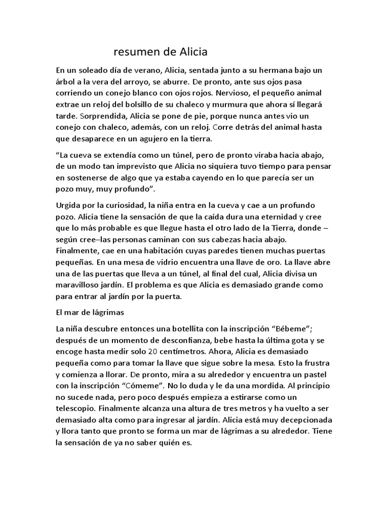 Resumen de Alicia | PDF | Las aventuras de Alicia en el País de las ...