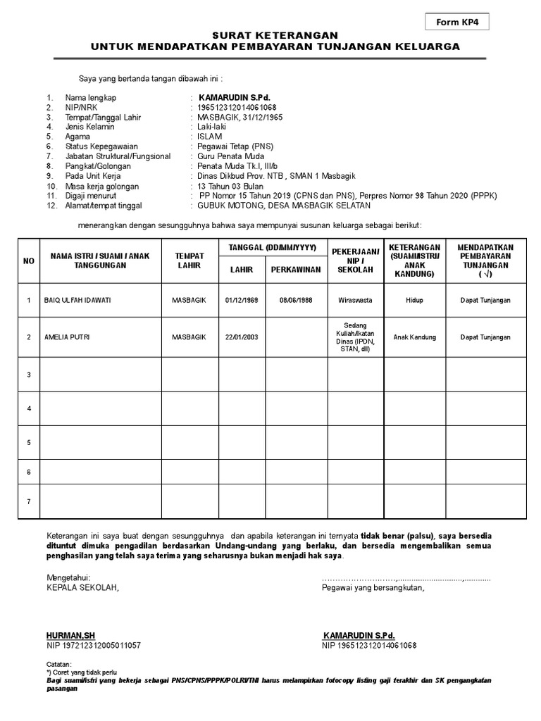 Formulir KP4 Dikbud NTB KAMARUDIN - 196512312014061068 - Dinas Dikbud Prov. NTB, SMAN 1 Masbagik ...
