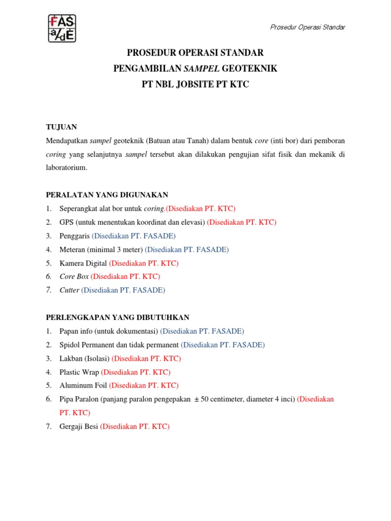 Sop Sampling Geoteknik | PDF