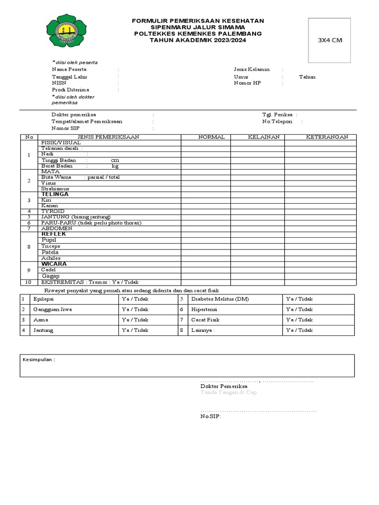 Lampiran Formulir Pemeriksaan Kesehatan Simama 2023 | PDF