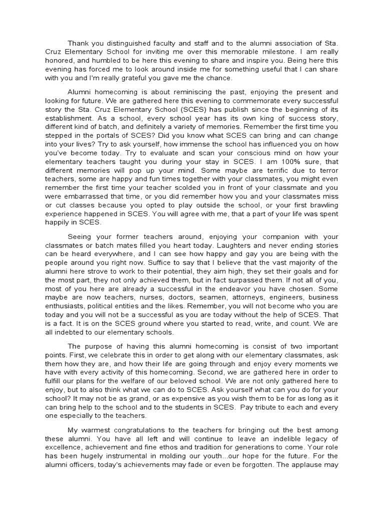 Alumni Homecoming Speech | PDF | Lifestyle