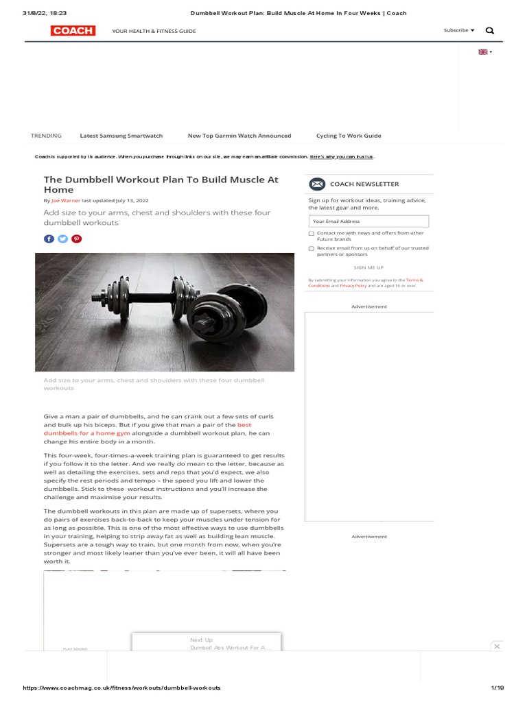 Dumbbell Workout Plan - Build Muscle at Home in Four Weeks - Coach | PDF