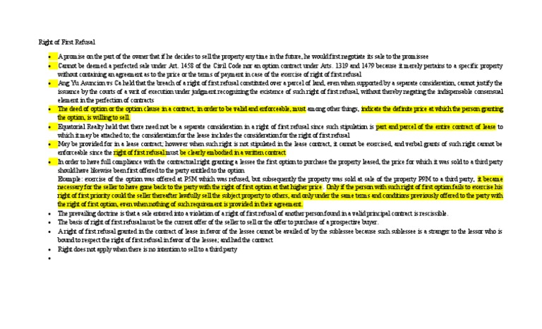 Right of First Refusal | PDF | Lease | Option (Finance)