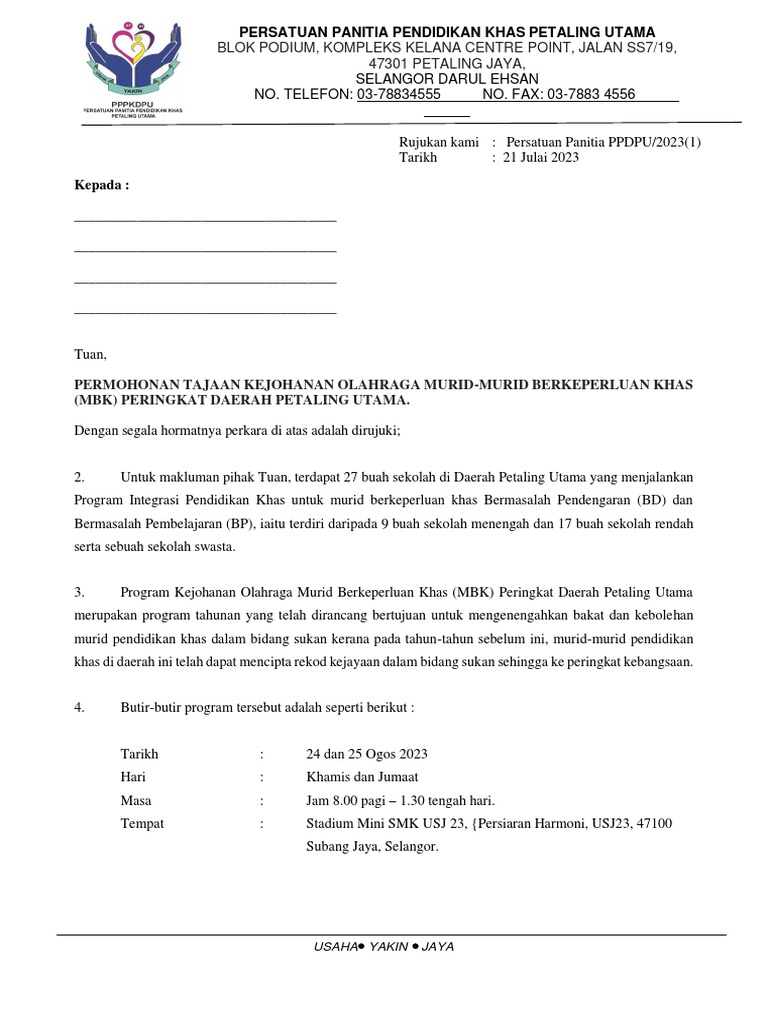 Surat Sumbangan Sukan 2023 | PDF