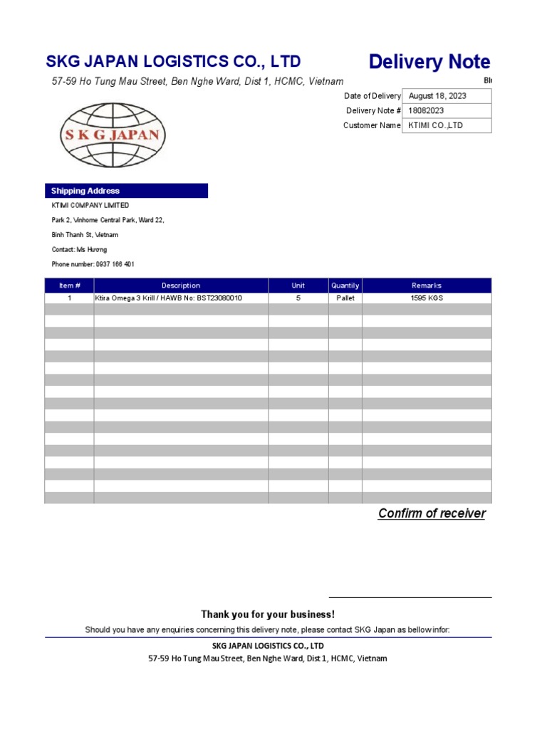 Delivery Note: SKG Japan Logistics Co., LTD | PDF