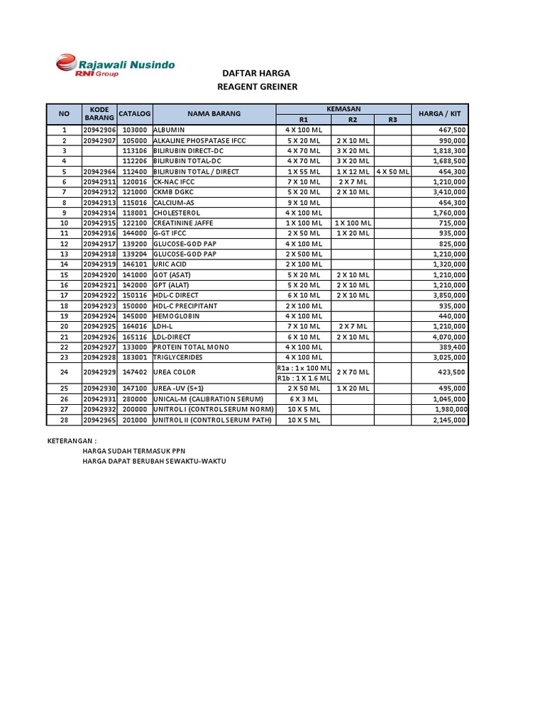 Harga Reguler Reagen Greiner 2019 Pdf Blood Biochemistry