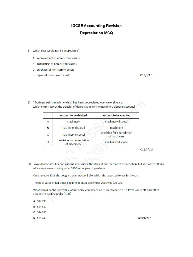 IGCSE Accounting Depreciation MCQ | PDF