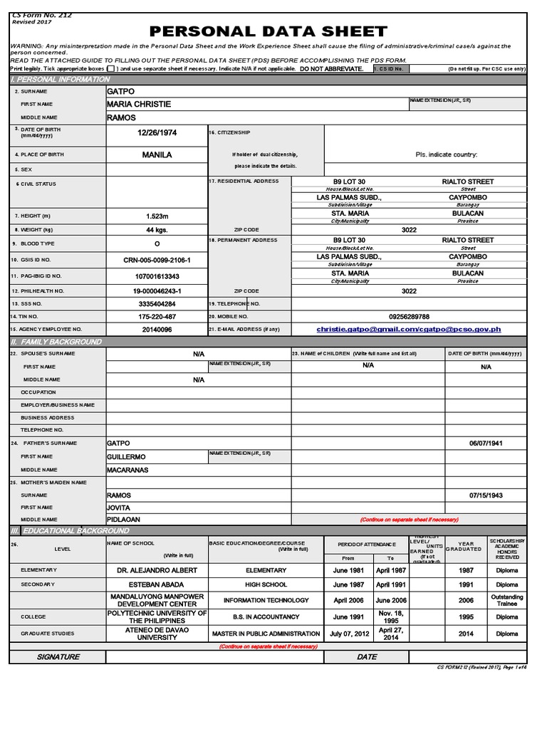PDS - CS - Form - No - 212 - Revised2017 (CHRISTIE) | PDF