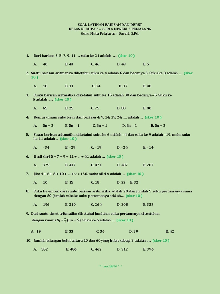 Soal Latihan Barisan Dan Deret Aritmetika | PDF