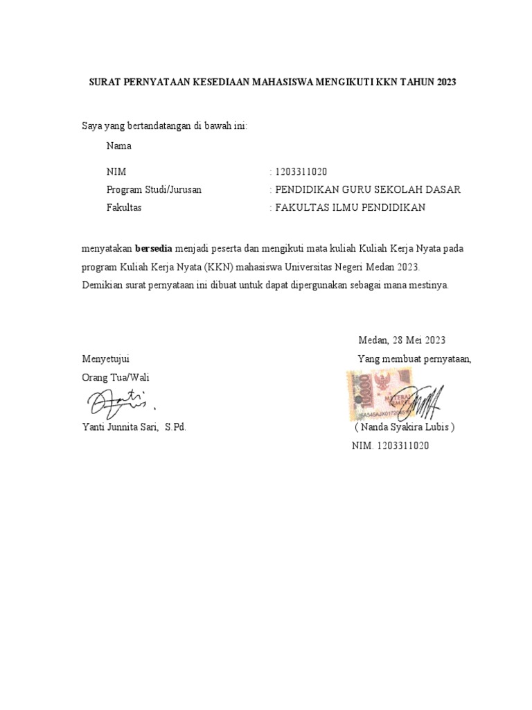 .Surat Pernyataan Kesediaan Mahasiswa Mengikuti KKN Tahun 2023 - Nanda Syakira Lubis | PDF
