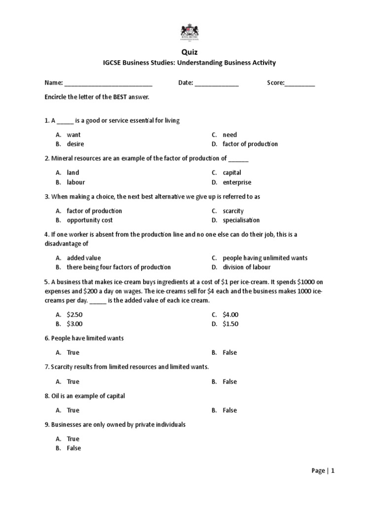 IGCSE Business Studies Quiz on Concepts | PDF