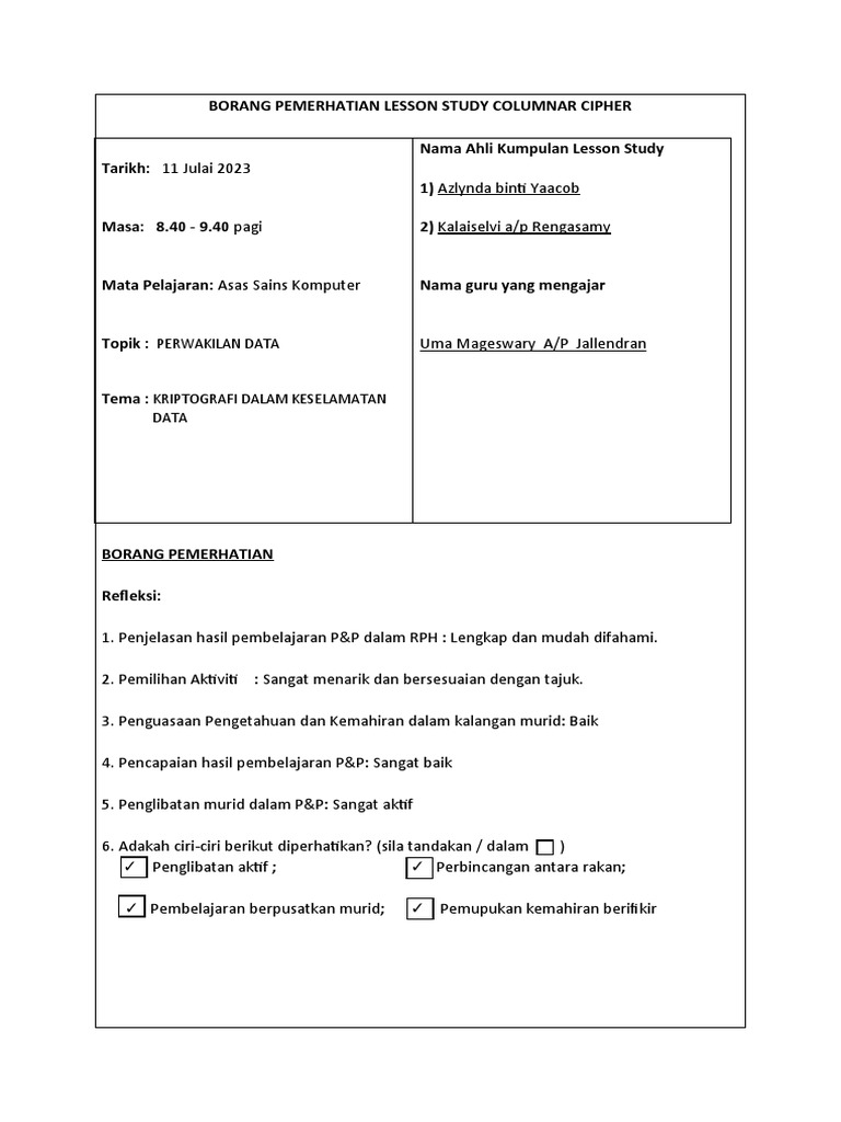 Borang Pemerhatian Lesson Study Cipher | PDF