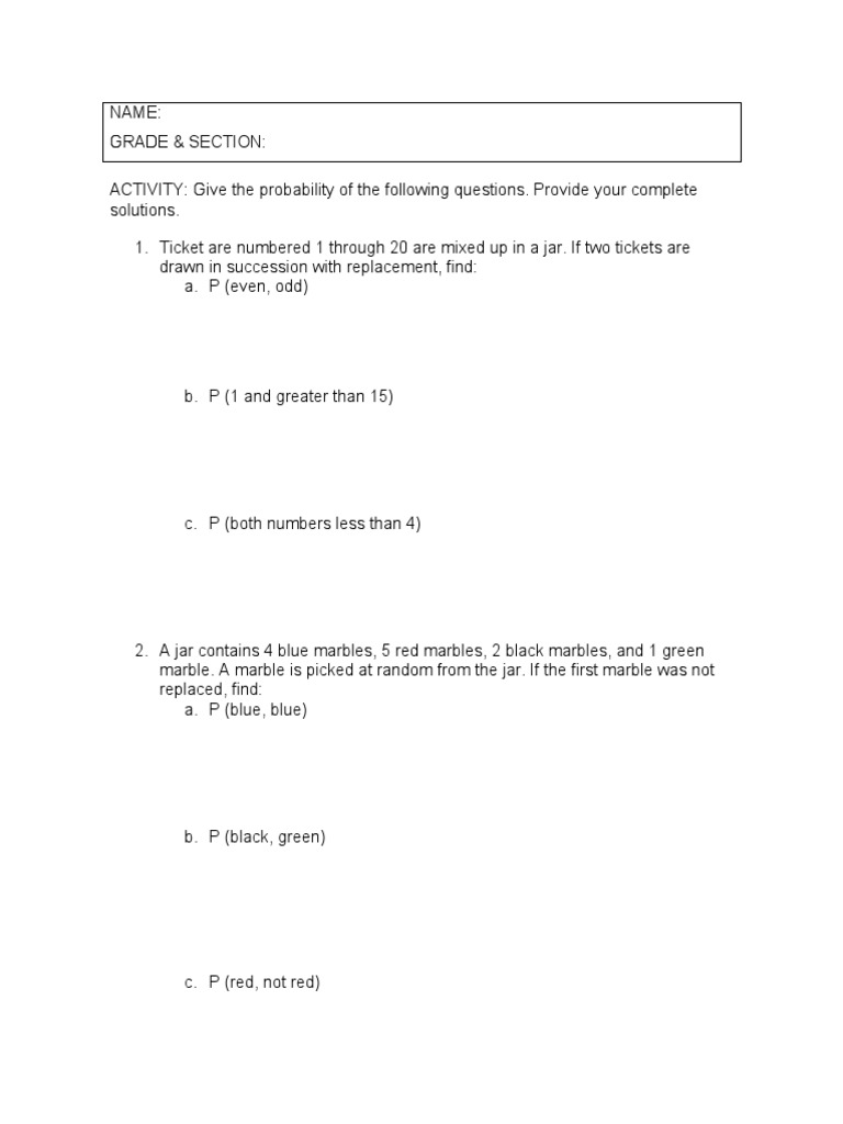 Grade 10 Activity Probability of Independent and Dependent Events | PDF