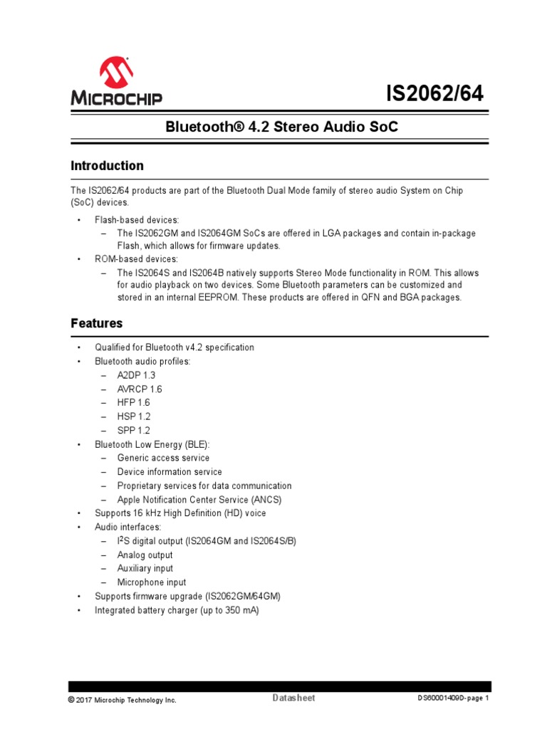 IS2062 IS2064 Bluetooth 4.2 Stereo Audio SoC | PDF
