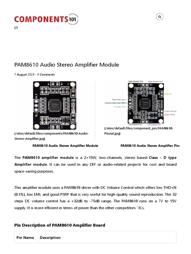 PAM8610 Audio Stereo Amplifier Module Pinout, Features, Specs ...