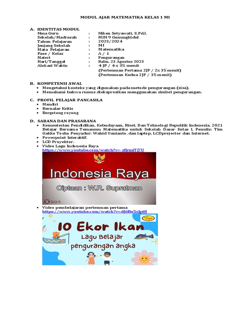 Modul Ajar Matematika Kelas - 1 | PDF