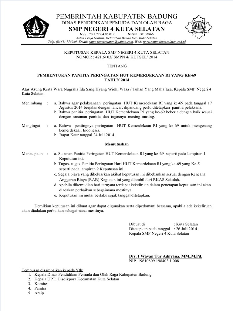 Panitia HUT RI Ke-69 SMPN 4 Kuta Selatan | PDF