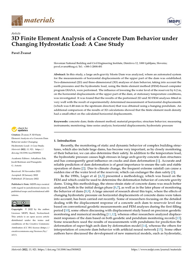 3D Finite Element Analysis of A Concrete Dam Behavior Under Changing Hydrostatic Load - A Case ...
