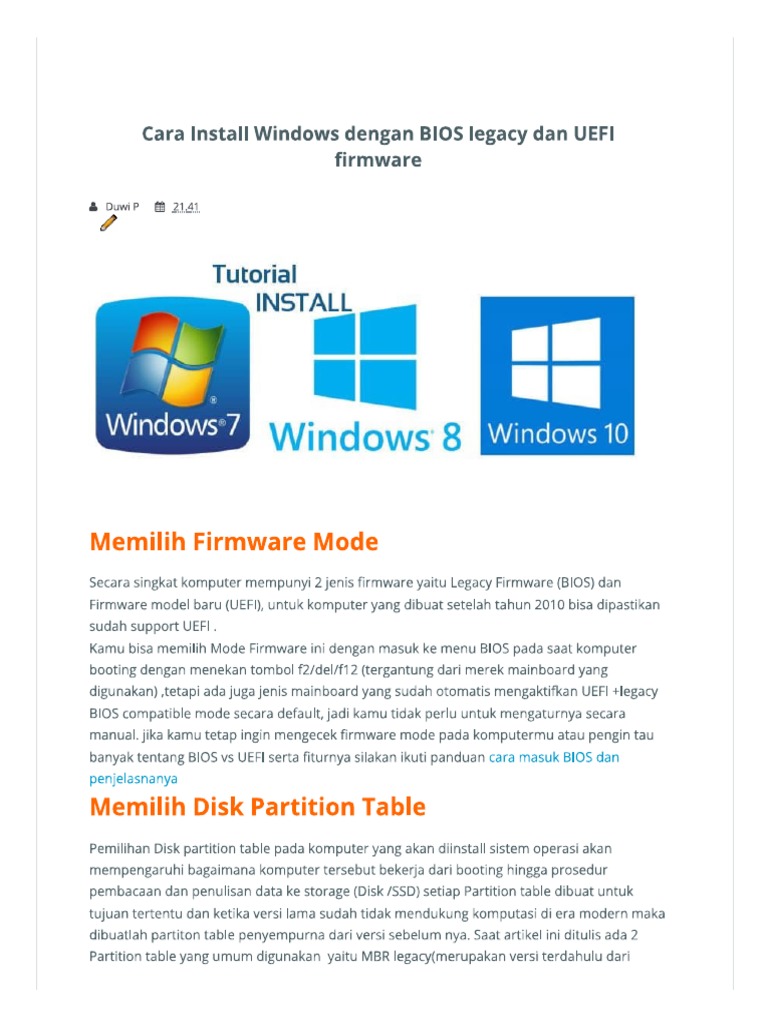 Cara Install Windows Dengan BIOS Legacy Dan UEFI Firmware - Just Info | PDF