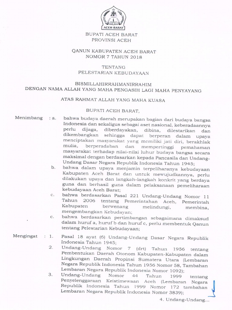 Qanun Aceh Barat No 7 Tahun 2018 | PDF
