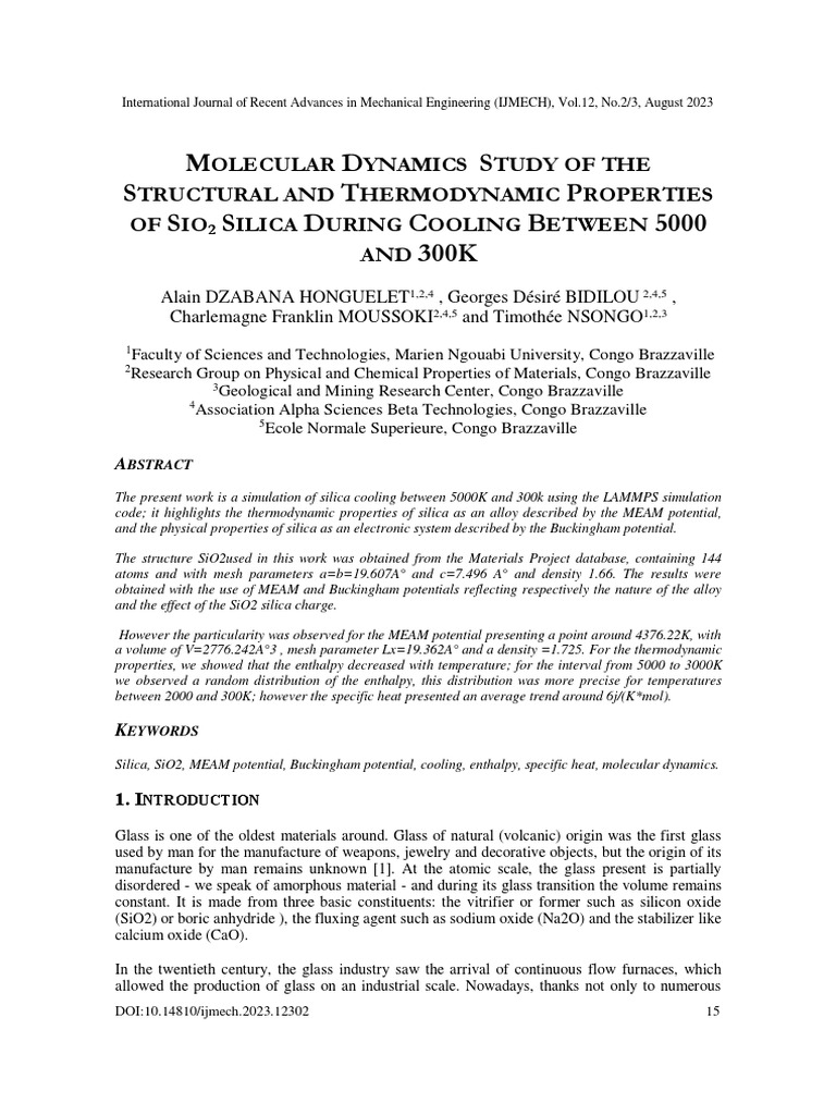 Molecular Dynamics Study of The Structural and Thermodynamic Properties of Sio2 Silica During ...