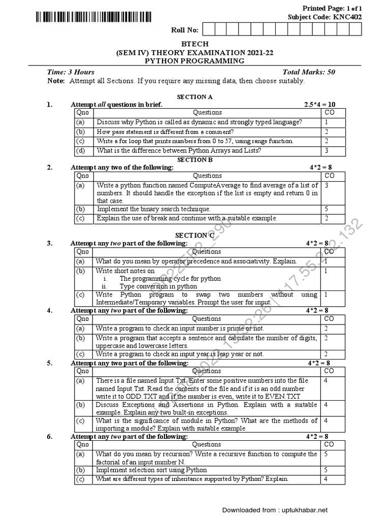 Python Programming KNC402 2021 | PDF