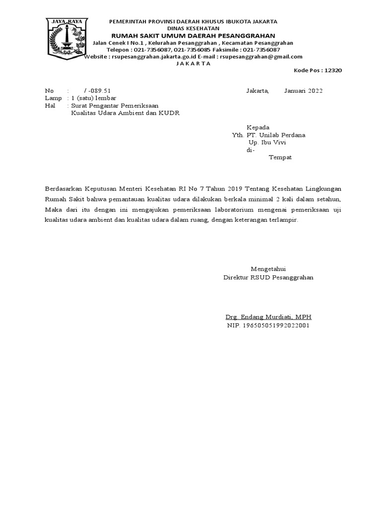 Januari 2022 Surat Pengantar Pemeriksaan Kualitas Udara Ambient Dan ...