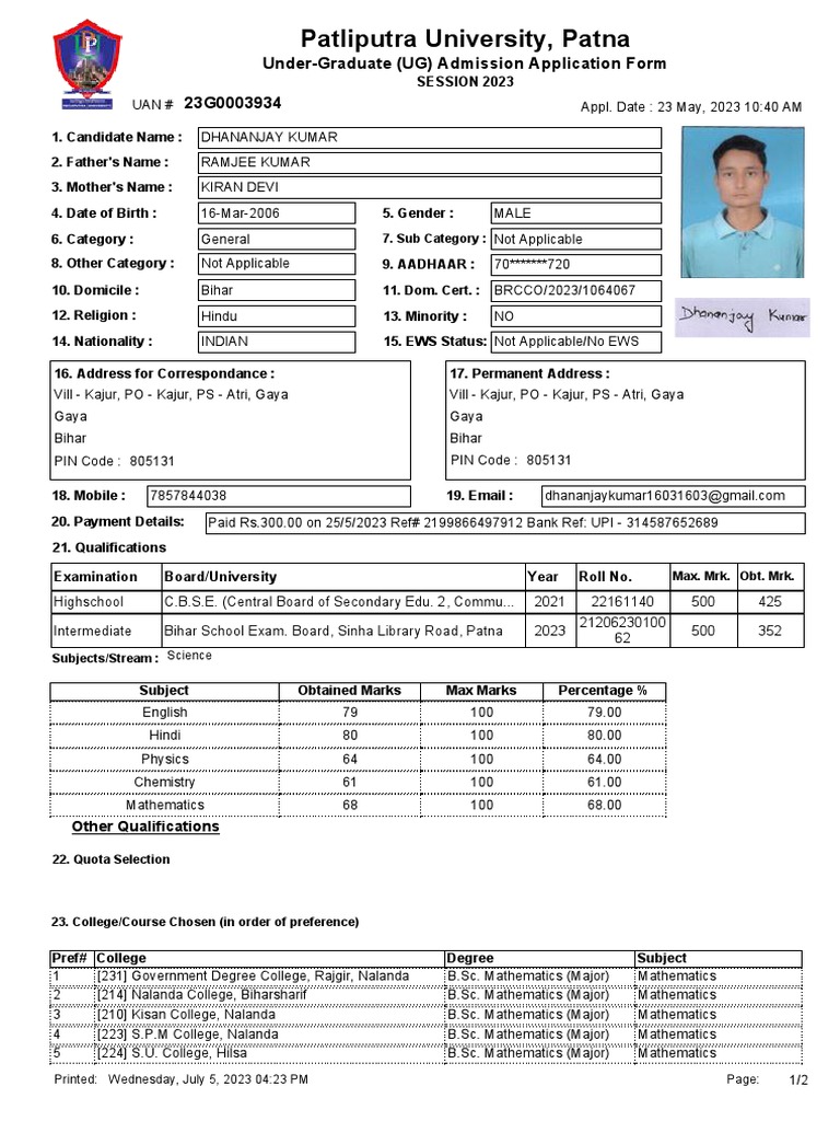 Patliputra University, Patna: Under-Graduate (UG) Admission Application ...