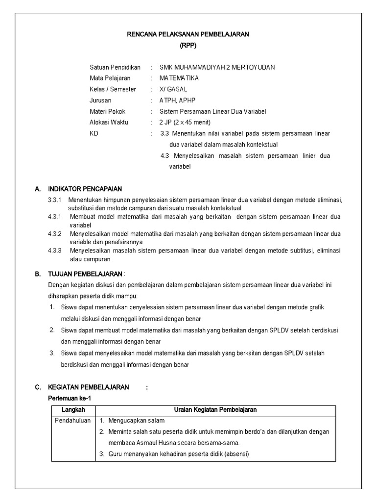 RPP MTK KELAS X KD. 3.3 Sistem Persamaan Linear | PDF