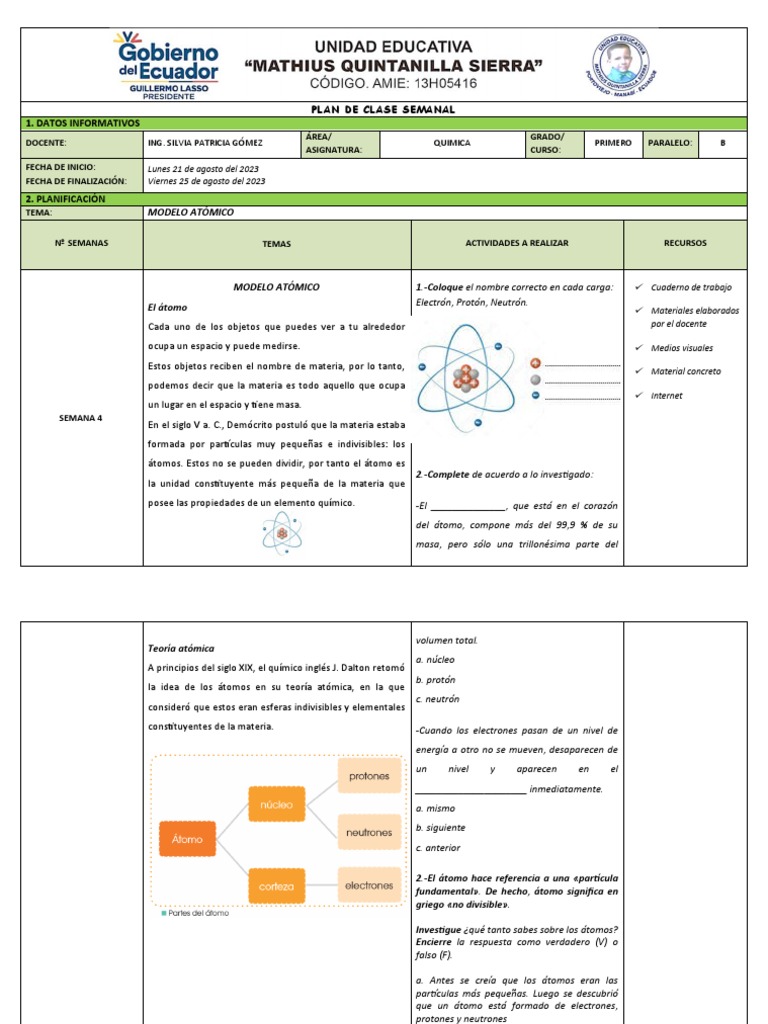 Quimica 1ero Bgu Plan De Clase Semana 4 Pdf Importar átomos