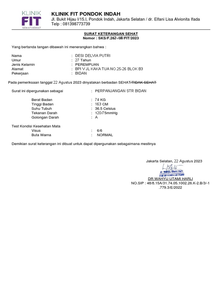 Surat Keterangan Sehat Desi Delvia Putri - Compressed | PDF