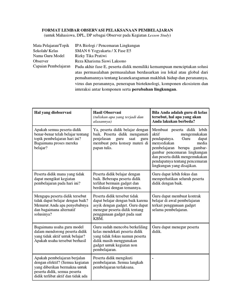 Format Lembar Observer Praktik Mandiri | PDF